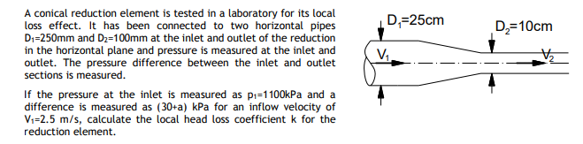 Solved D=25cm D=10cm A conical reduction element is tested | Chegg.com