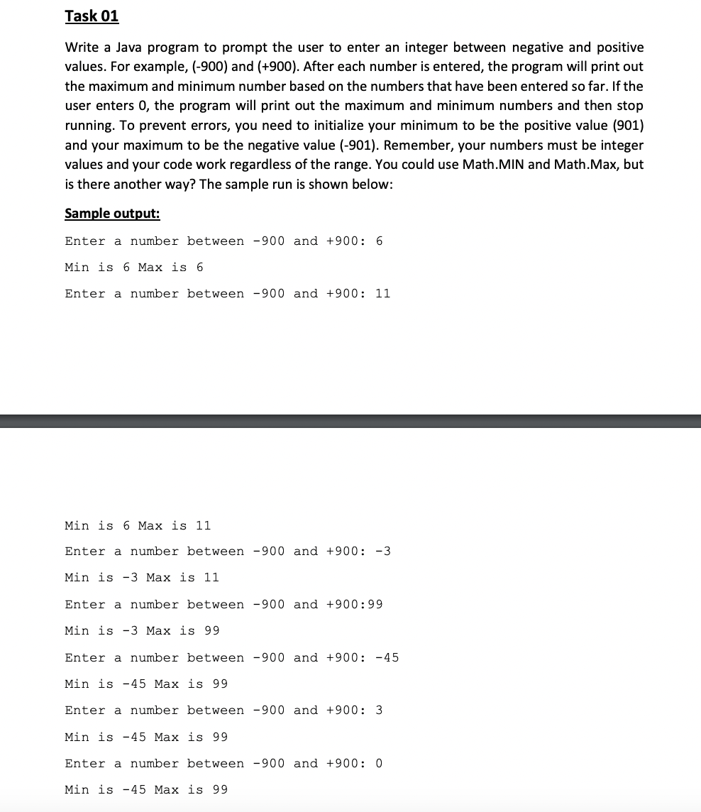 Solved Task 01 Write a Java program to prompt the user to | Chegg.com