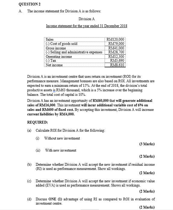 Solved QUESTION 2A. ﻿The income statement for Division \( ﻿A | Chegg.com