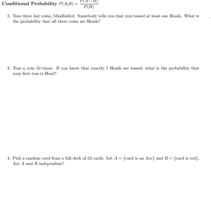 Solved Conditional Probability P(AB) P(B) 2. Toss three fair | Chegg.com