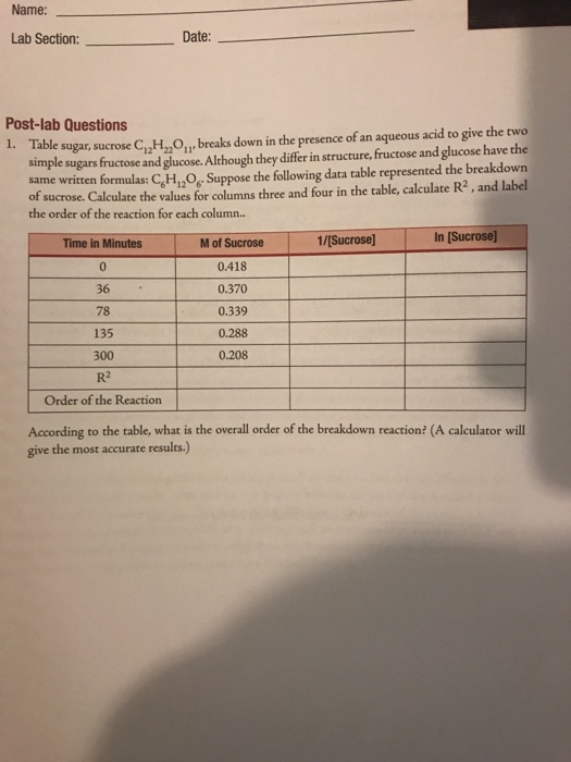 Solved Name: Lab Section: Date: Post-lab Questions e sugar, | Chegg.com