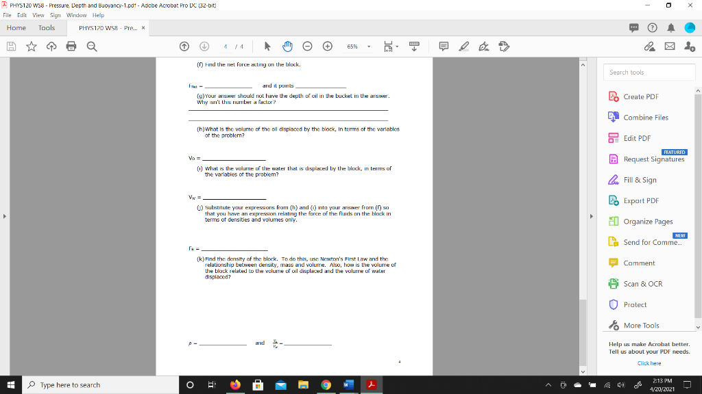 PHYS120 WS8 - Pressure, Depth and Buoyancy-1.pdf - | Chegg.com