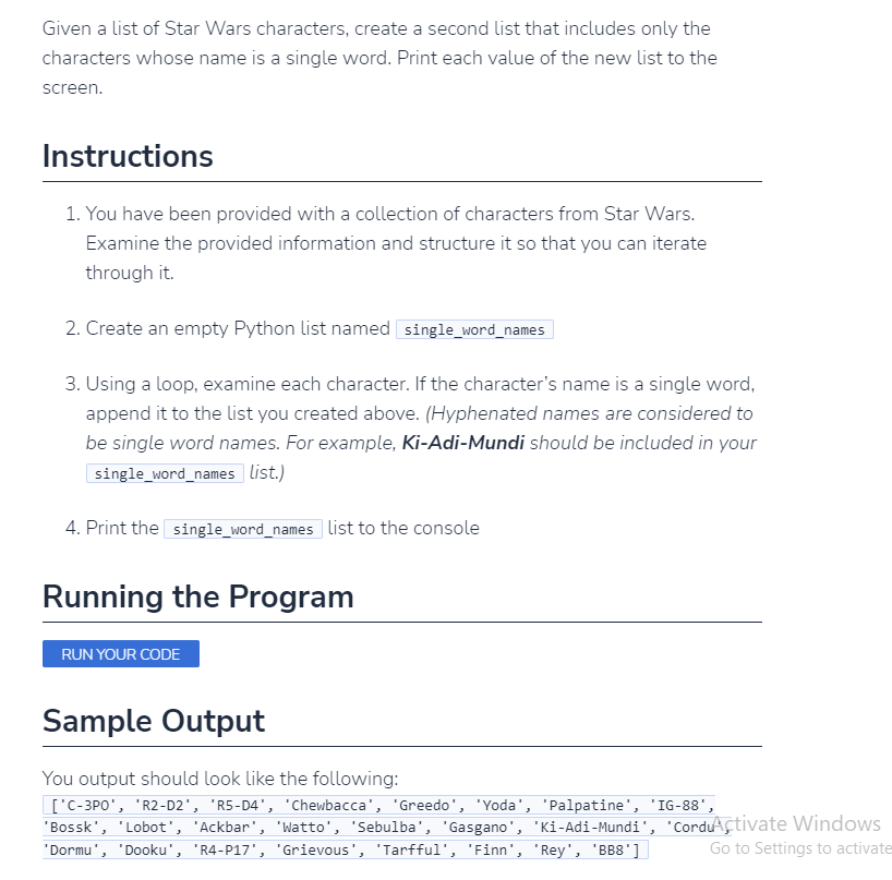 Solved You output should look like the following: ['C-3PO', | Chegg.com