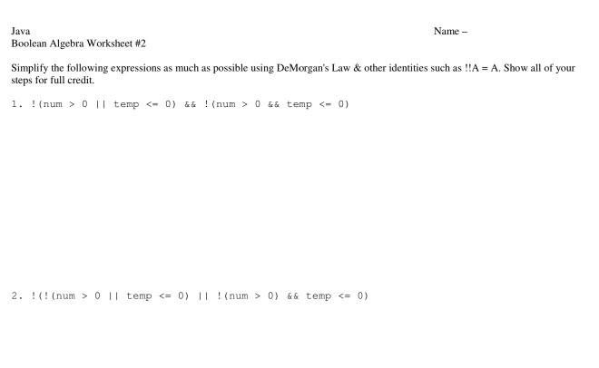 Solved Java Boolean Algebra worksheet #1 Name- Simplify the | Chegg.com