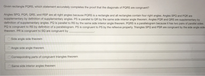 Solved Given rectangle PORS, which statement accurately | Chegg.com