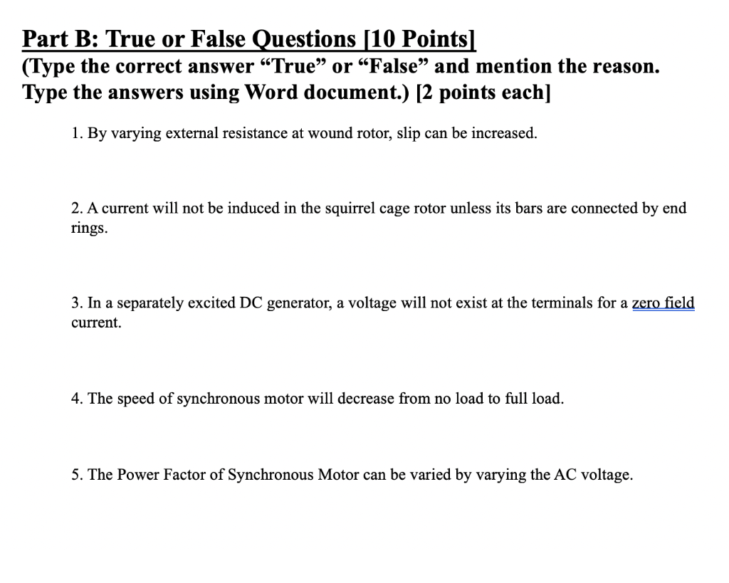 Solved Part B: True or False Questions [10 Points] (Type the | Chegg.com