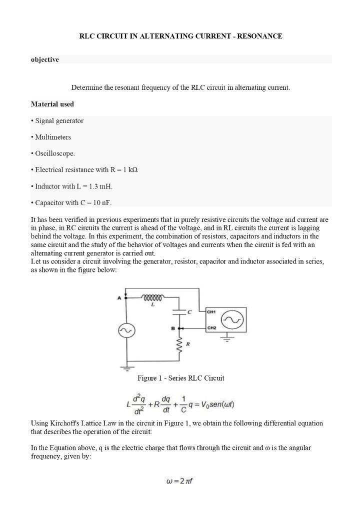 Solved RLC CIRCUIT IN ALTERNATING CURRENT - RESONANCE | Chegg.com
