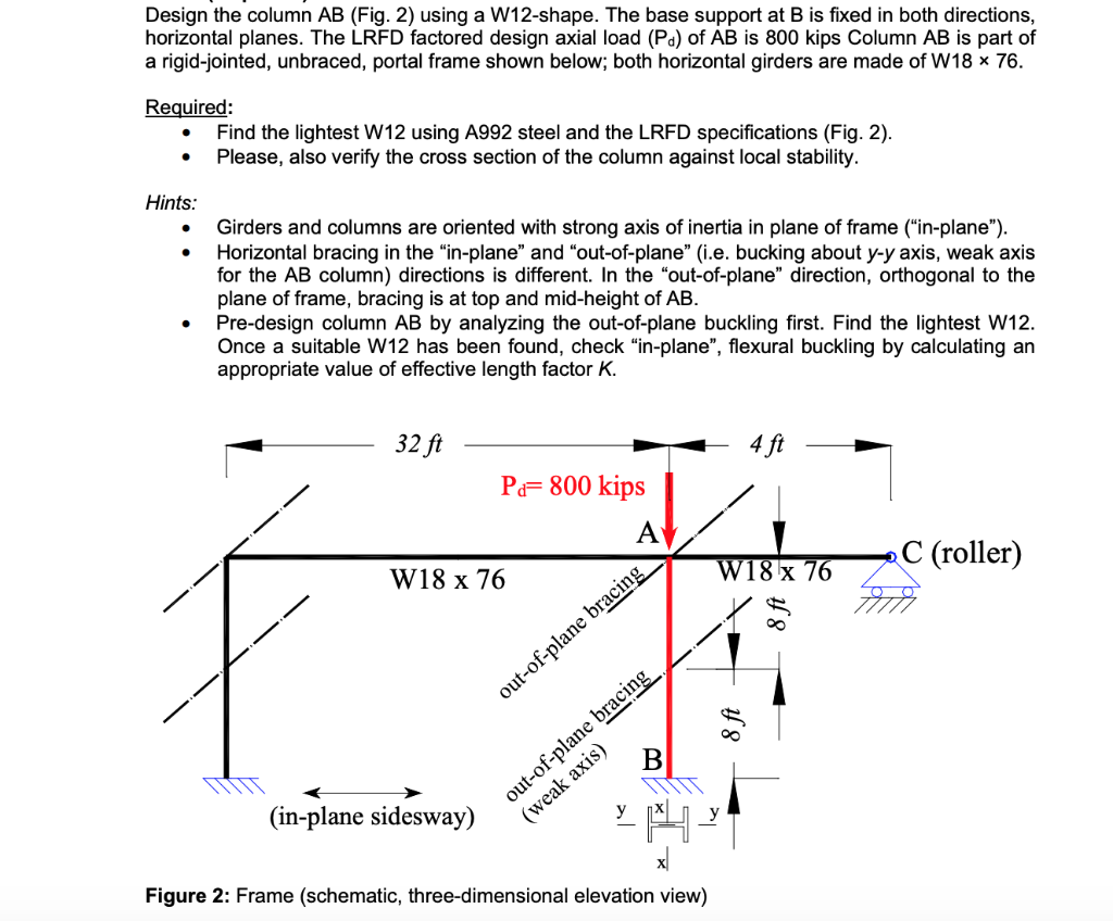 Design the column AB (Fig. 2) using a W12-shape. The | Chegg.com