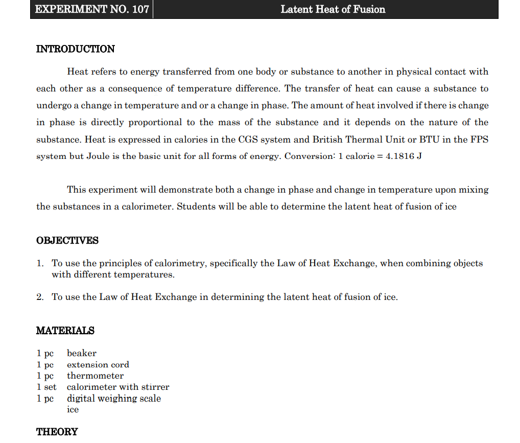 Solved EXPERIMENT NO. 107 Latent Heat of Fusion INTRODUCTION | Chegg.com