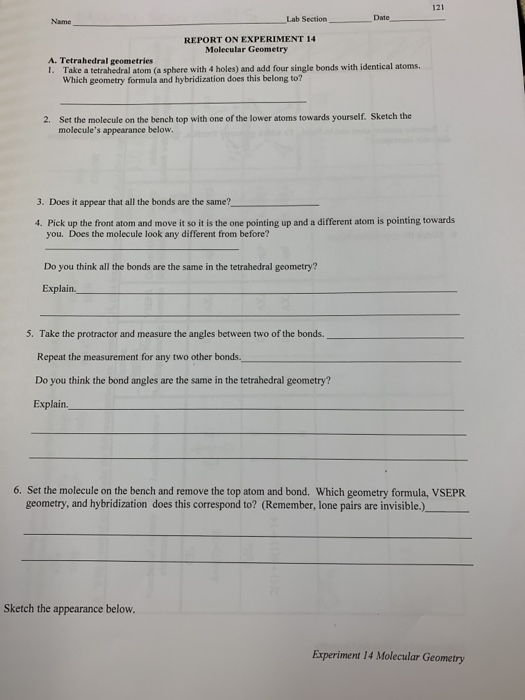 Solved 121 Lab Section Date Name REPORT ON EXPERIMENT 14 | Chegg.com
