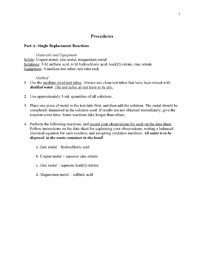 Solved Procedures Part A: Single Replacement Reactions | Chegg.com
