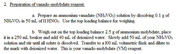 Solved 2. Preparation of vanado-molybdate reagent. a Prepare | Chegg.com