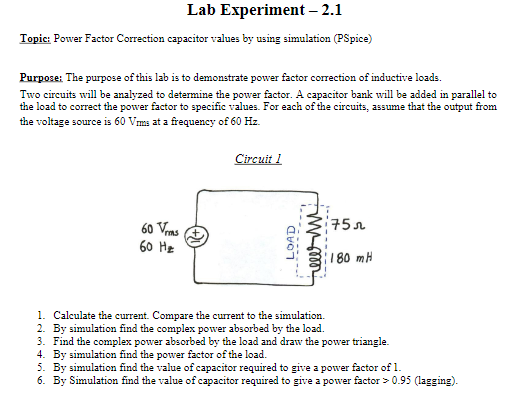 Solved Lab Experiment - 2.1 Topic: Power Factor Correction | Chegg.com