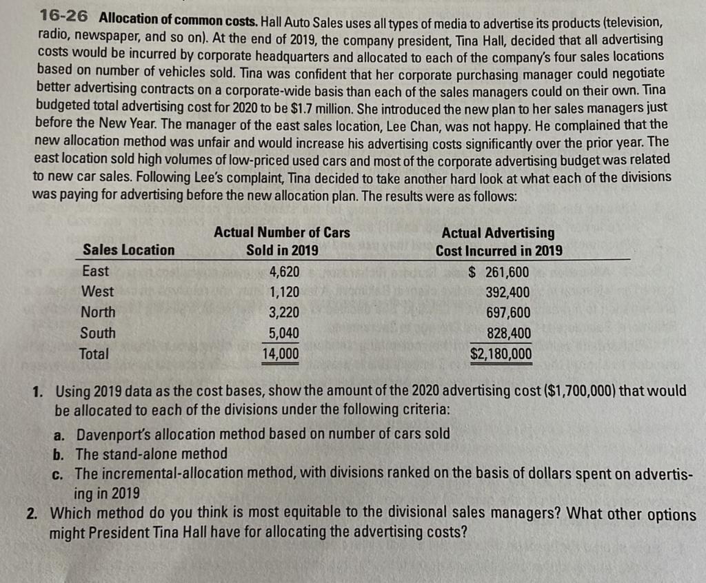 Solved 16-26 Allocation of common costs. Hall Auto Sales | Chegg.com