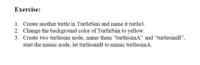 Solved Exercise: 1. Create another turtle in TurtleSim and | Chegg.com