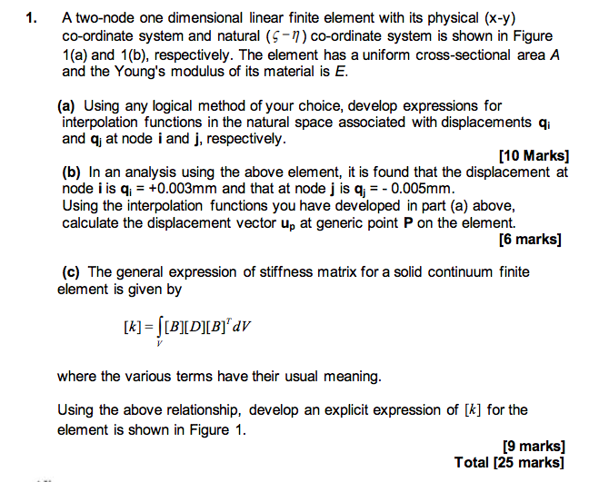 Solved 1. A two-node one dimensional linear finite element | Chegg.com