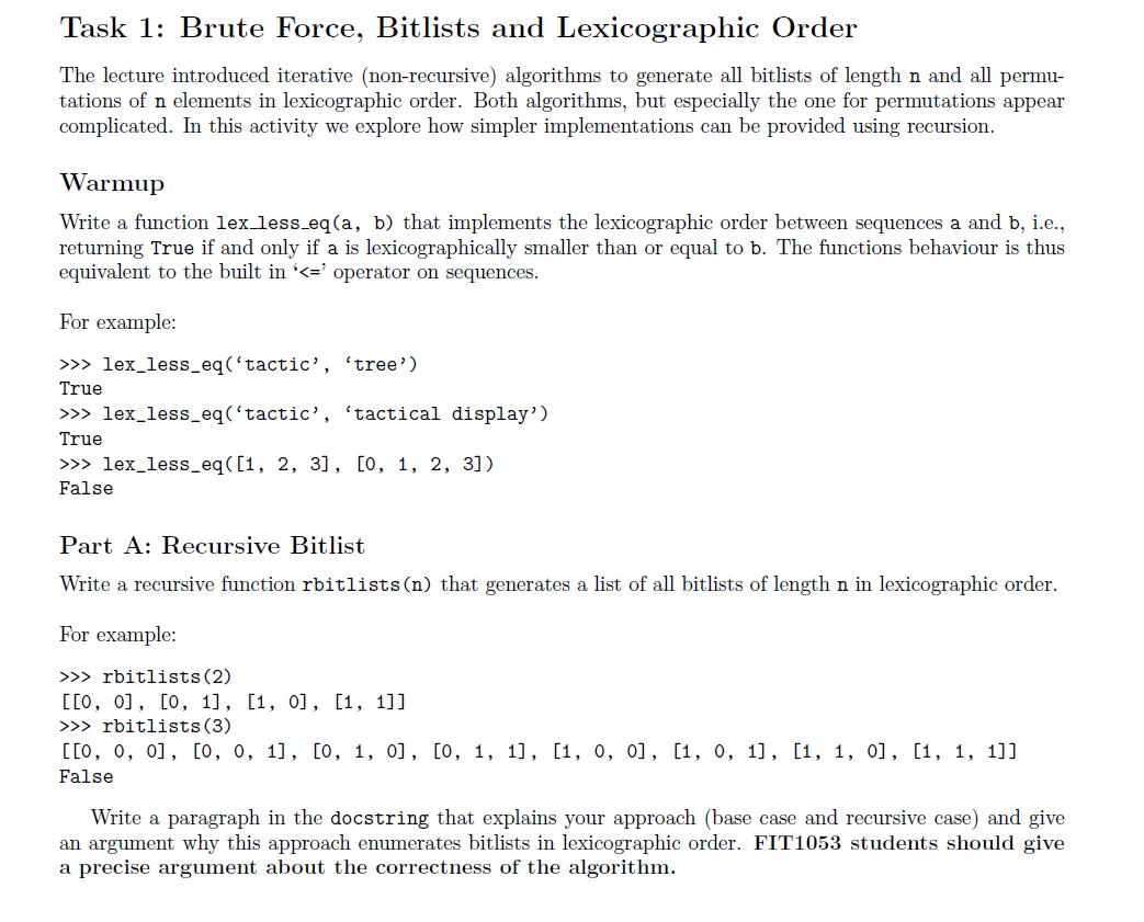 Solved Task 1: Brute Force, Bitlists and Lexicographic Order | Chegg.com