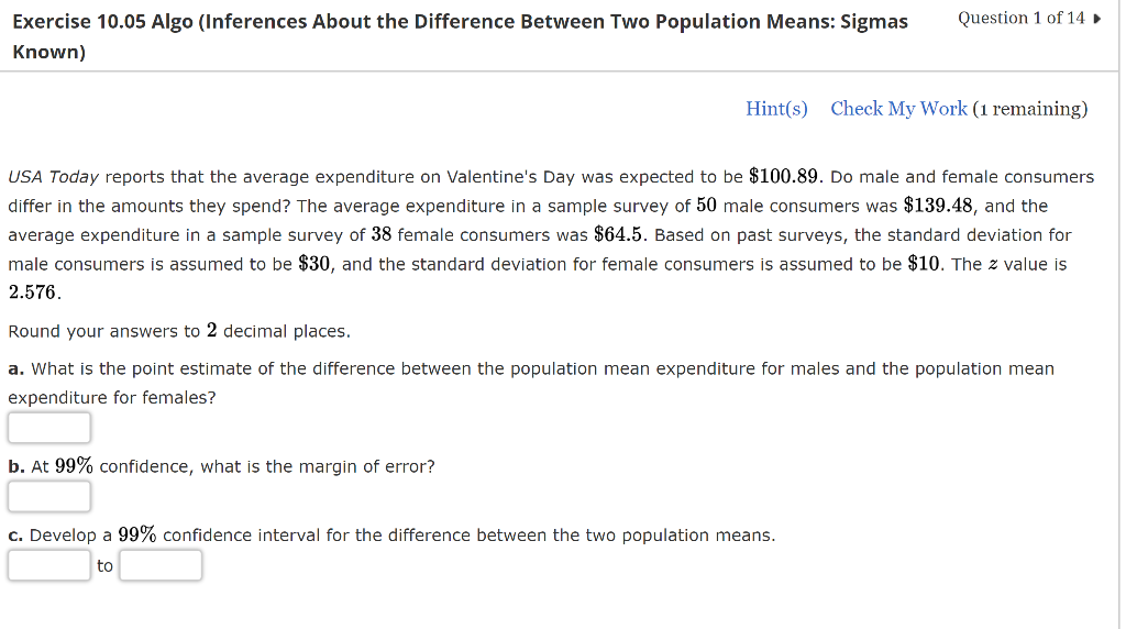 Solved Exercise 10.05 Algo (Inferences About the Difference | Chegg.com