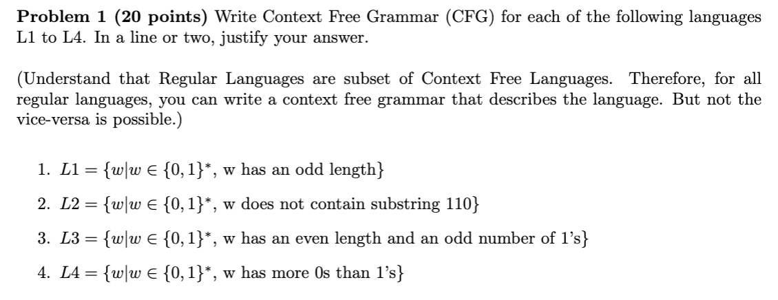 Solved Problem 1 (20 points) Write Context Free Grammar | Chegg.com