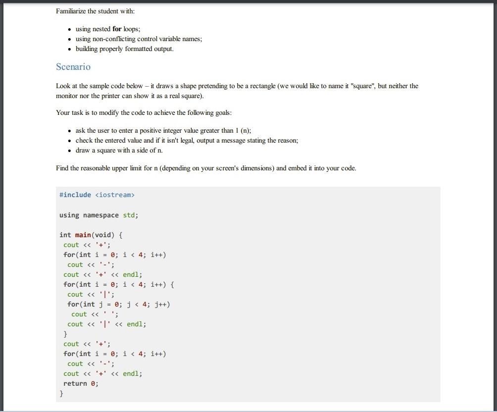 Solved Familiarize the student with: • using nested for | Chegg.com