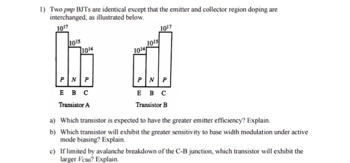 Solved 1) Two pnp BJTs are identical except that the emitter | Chegg.com