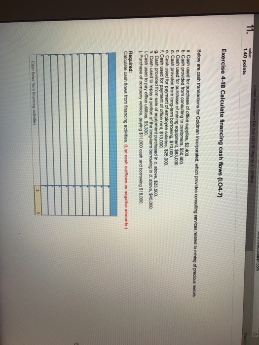 Solved 1.40 points Exercise 4-18 Calculate financing cash | Chegg.com