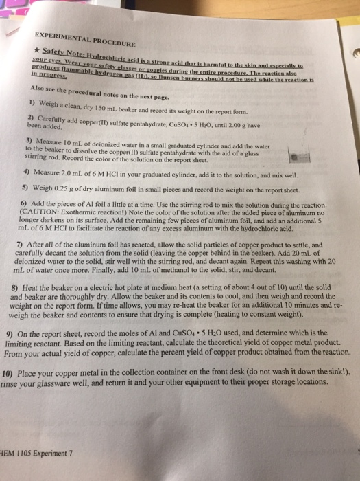 Solved EXPERIMENTAL PROCEDURE in progress Also see the | Chegg.com