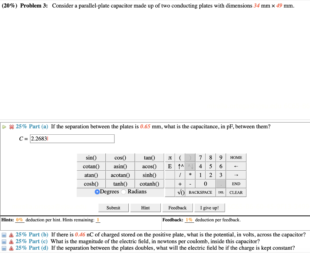 Solved (20\%) Problem 3: Consider a parallel-plate capacitor | Chegg.com