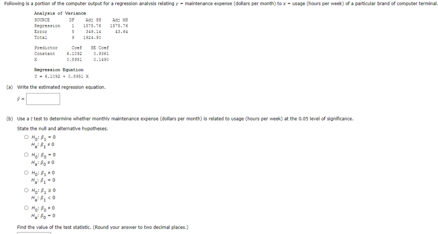 Solved Following is a portion of the computer output for a | Chegg.com