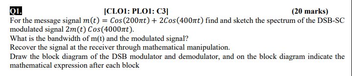Solved Q1. [CLO1: PL01:03] (20 marks) For the message signal | Chegg.com