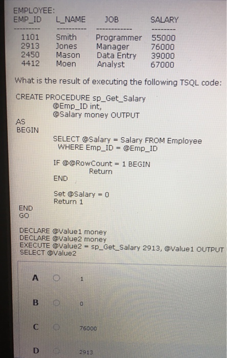 Solved EMPLOYEE: What is the result of executing the | Chegg.com