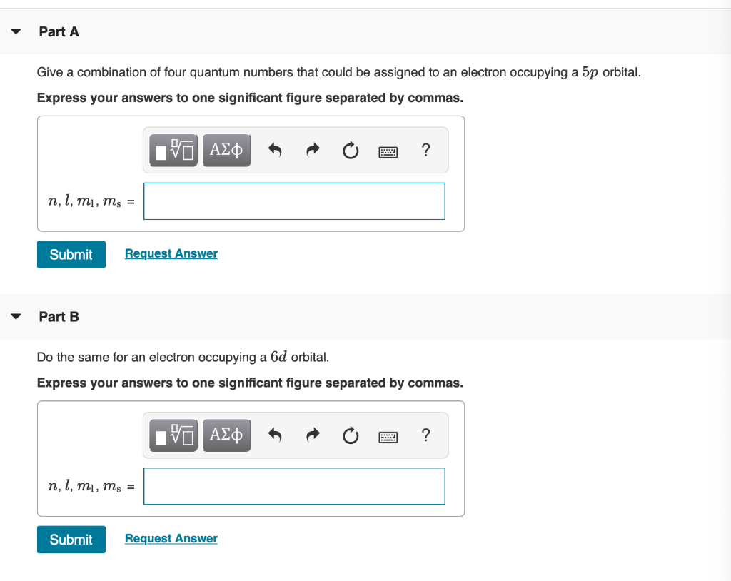 Solved Part A Give a combination of four quantum numbers | Chegg.com