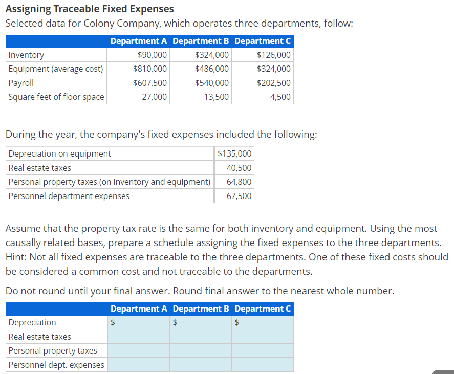 Solved Assigning Traceable Fixed Expenses Selected data for | Chegg.com
