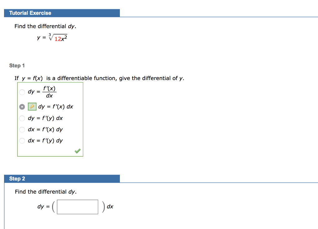 Solved Tutorial Exercise Find the differential dy. y V12x2 | Chegg.com