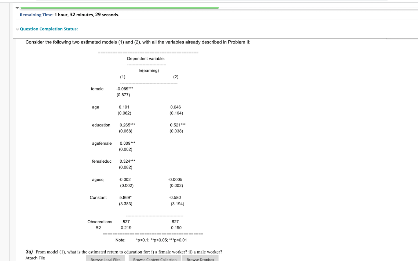 Solved 3a) From model (1), what is the estimated return to | Chegg.com