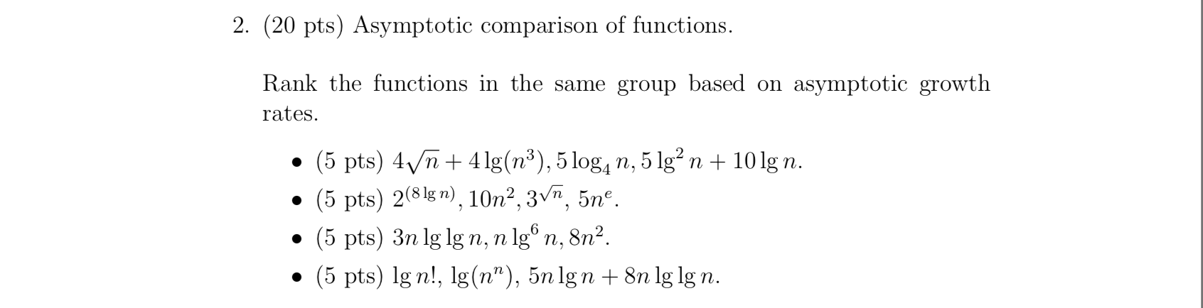 2 20 Pts Asymptotic Comparison Of Functions Rank