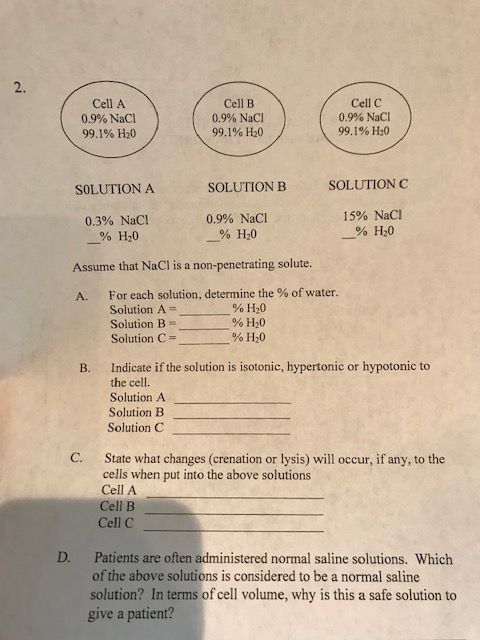 Solved 2. Cell A 0.9% NaCl 99.1% H20 Cell B 0.9% NaCl 99.1% | Chegg.com