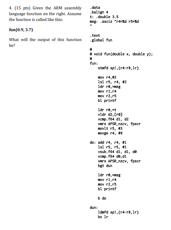 Solved 4. (15 pts) Given the ARM assembly language function | Chegg.com