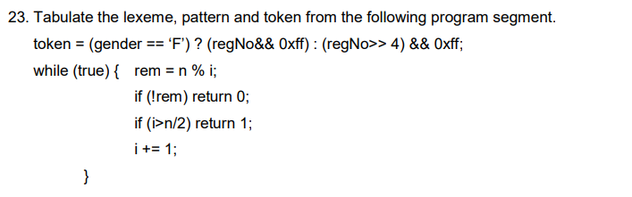Solved == 23. Tabulate the lexeme, pattern and token from | Chegg.com