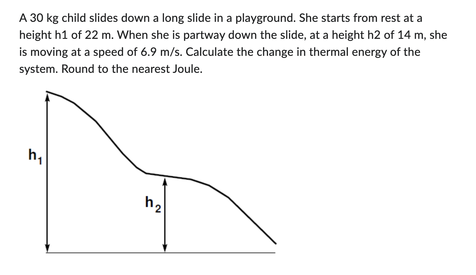 Solved A 30 kg child slides down a long slide in a | Chegg.com