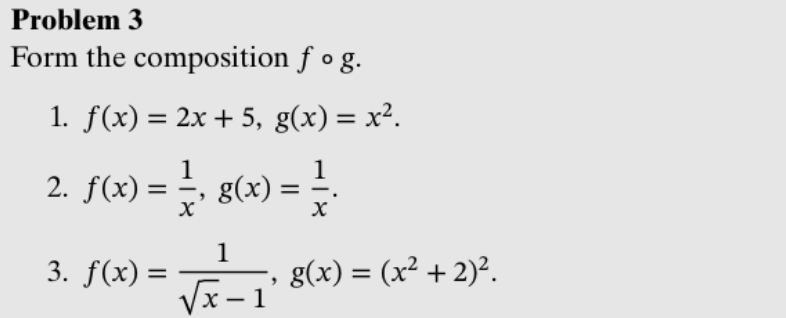 Solved Form the composition f∘g. 1. f(x)=2x+5,g(x)=x2. 2. | Chegg.com