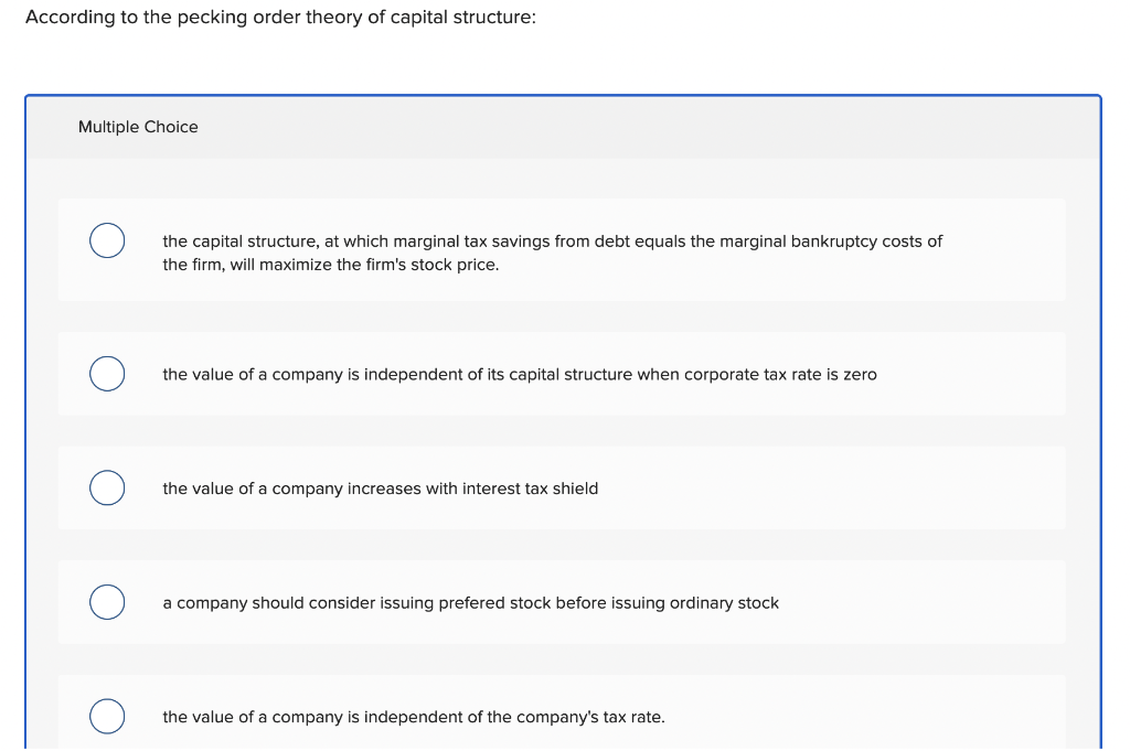 Solved According to the pecking order theory of capital | Chegg.com