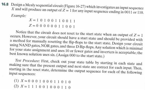 Solved Design a Mealy sequential circuit (Figure 16-27) | Chegg.com
