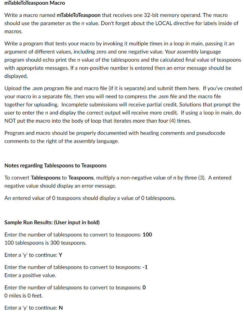 Solved mTableToTeaspoon Macro Write a macro named | Chegg.com