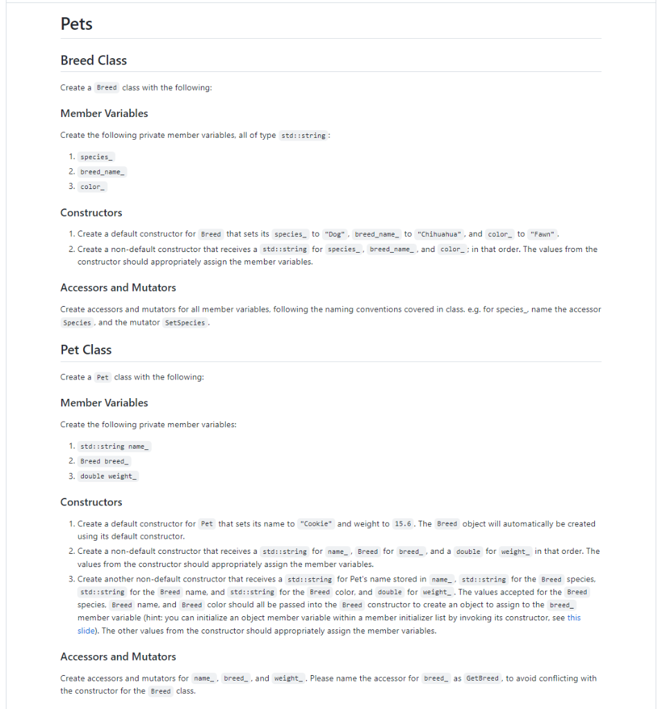 Solved Pets Breed Class Create a class with the following: | Chegg.com