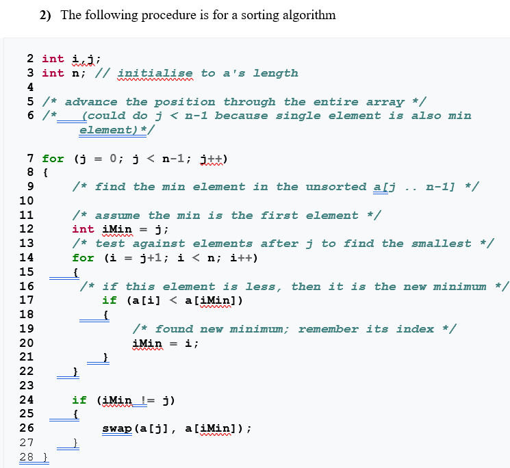 Solved 2) The following procedure is for a sorting algorithm | Chegg.com