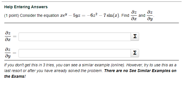 Solved (1 point) Consider the equation xey−5yz=−6z2−7sin(x). | Chegg.com