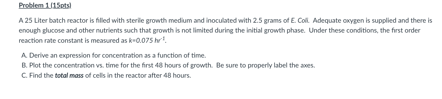 Solved Problem 1 (15pts). A 25 Liter batch reactor is filled | Chegg.com