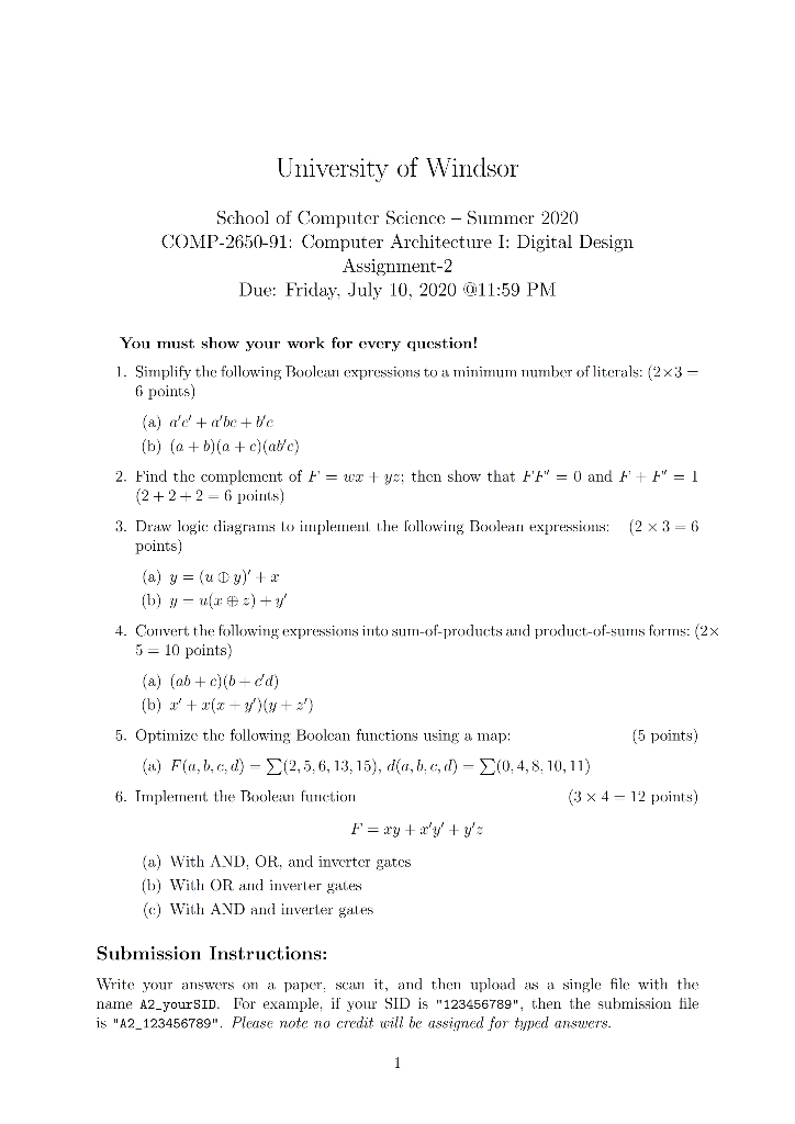 Solved: University Of Windsor School Of Computer Science -... | Chegg.com