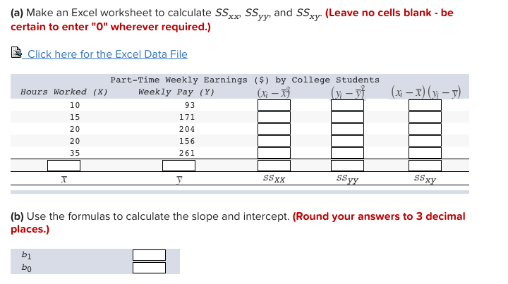 Solved (a) Make an Excel worksheet to calculate SSxx: SSyy | Chegg.com